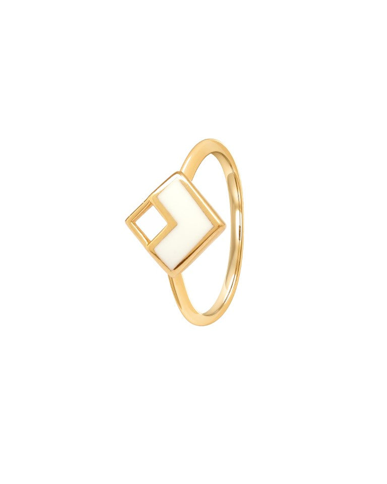 Cardia ring in 14 k gold set with mother-of-pearl enamel element ...